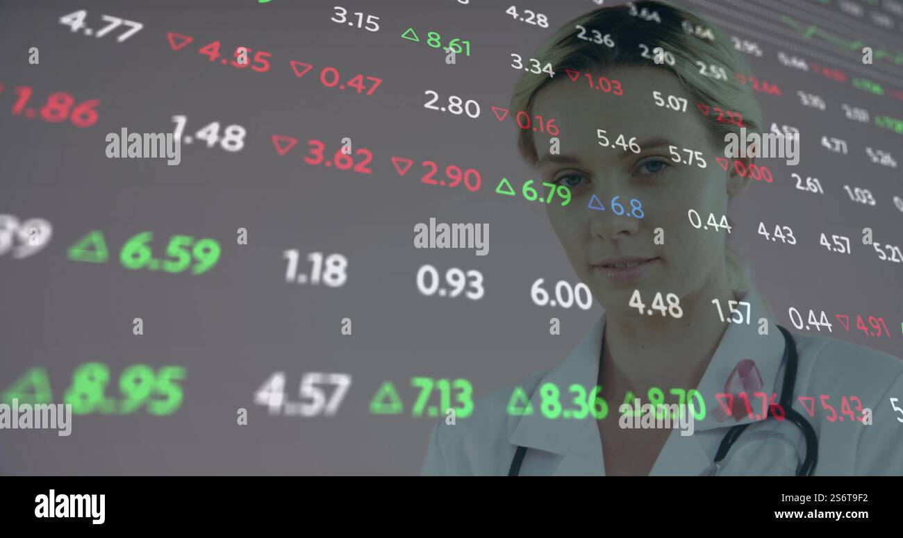 Stock market data image over medical professional analyzing information ...