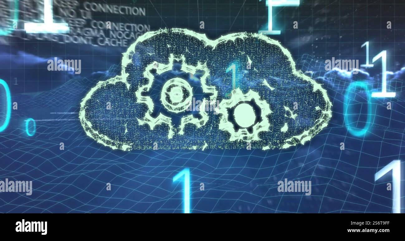 Cloud computing image with gears and binary code over digital grid background Stock Photo - Alamy