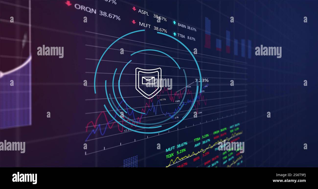 Shield icon and data charts, cybersecurity image over financial graphs Stock Photo - Alamy