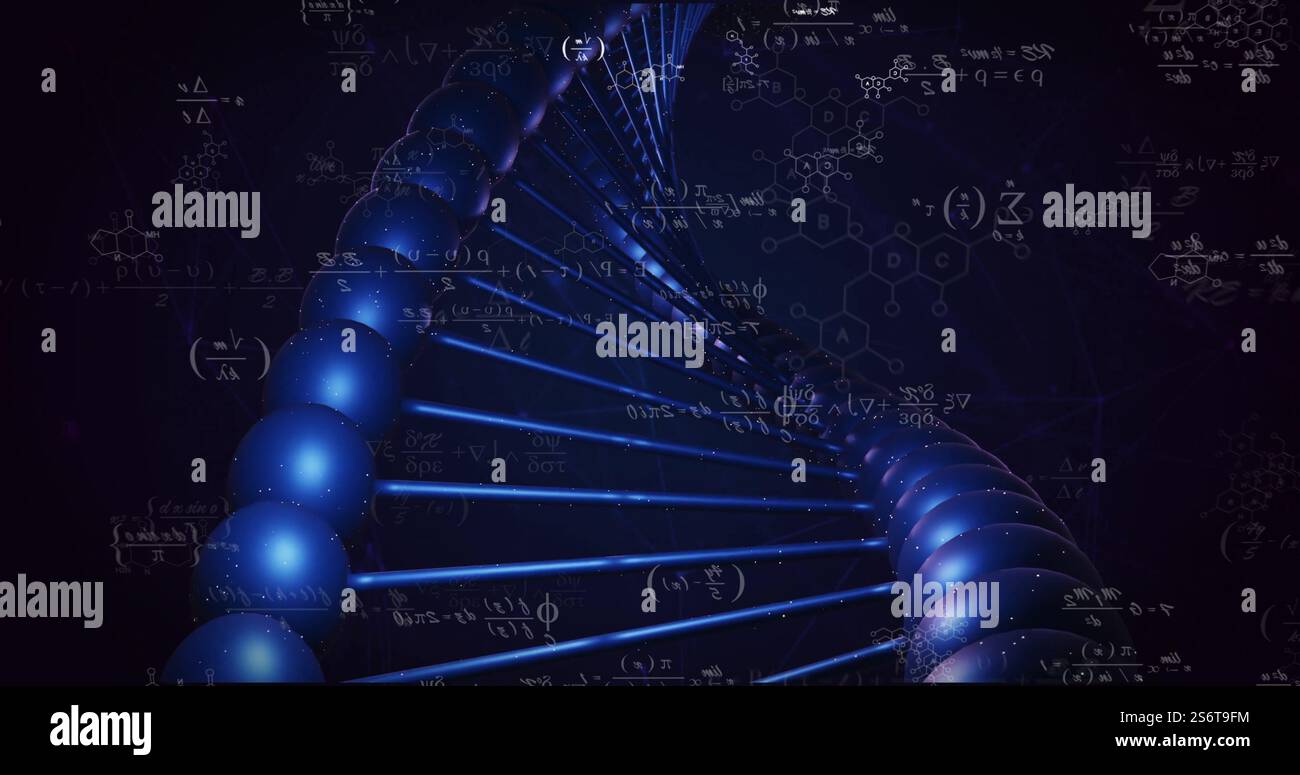 Image of dna strand and mathematical equations on black background ...