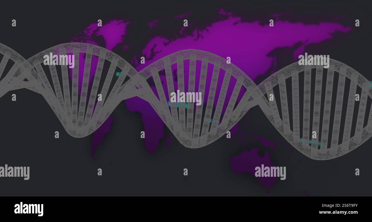 DNA strand image over world map with purple continents Stock Photo - Alamy
