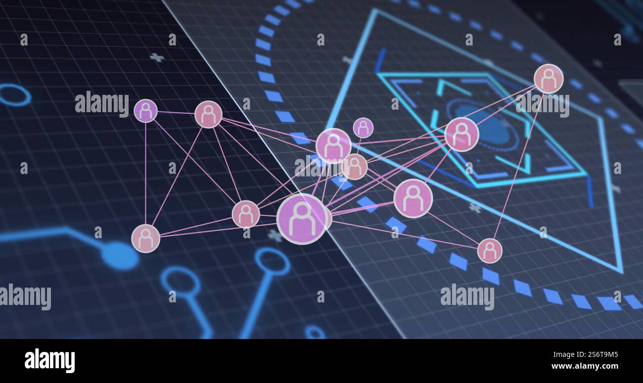 Image of network of connections over scope scanning on black background Stock Photo - Alamy