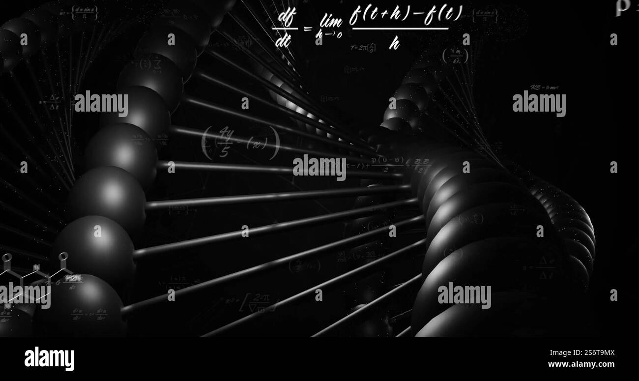 Image of dna strand and mathematical equations on black background ...
