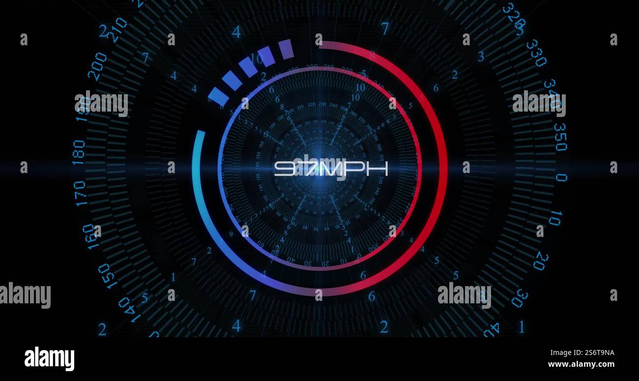 Image of speedometer over data processing on black background Stock Photo - Alamy