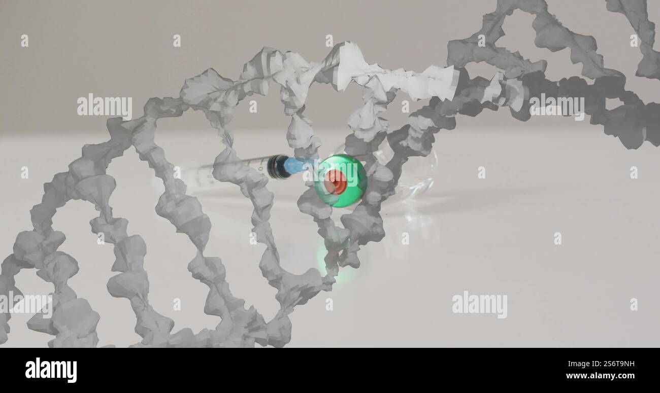 Image of dna strand over vial and syringe on white background Stock ...