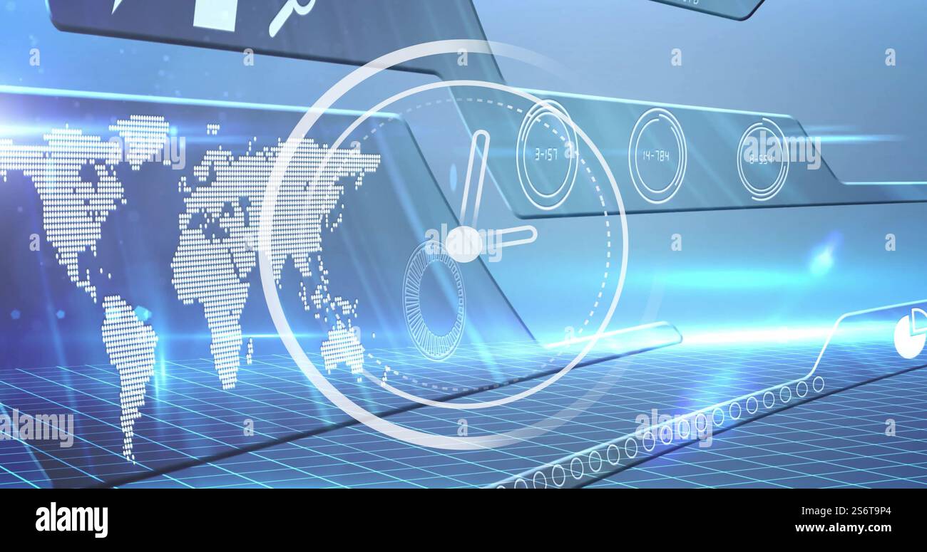 Image of moving clock over digital interface with world map on grey ...