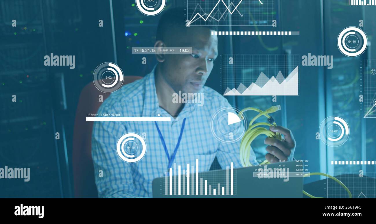 Image of financial data processing over african american businessman ...