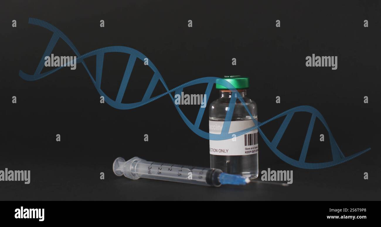 Image of dna strand over vial and syringe on black background Stock ...