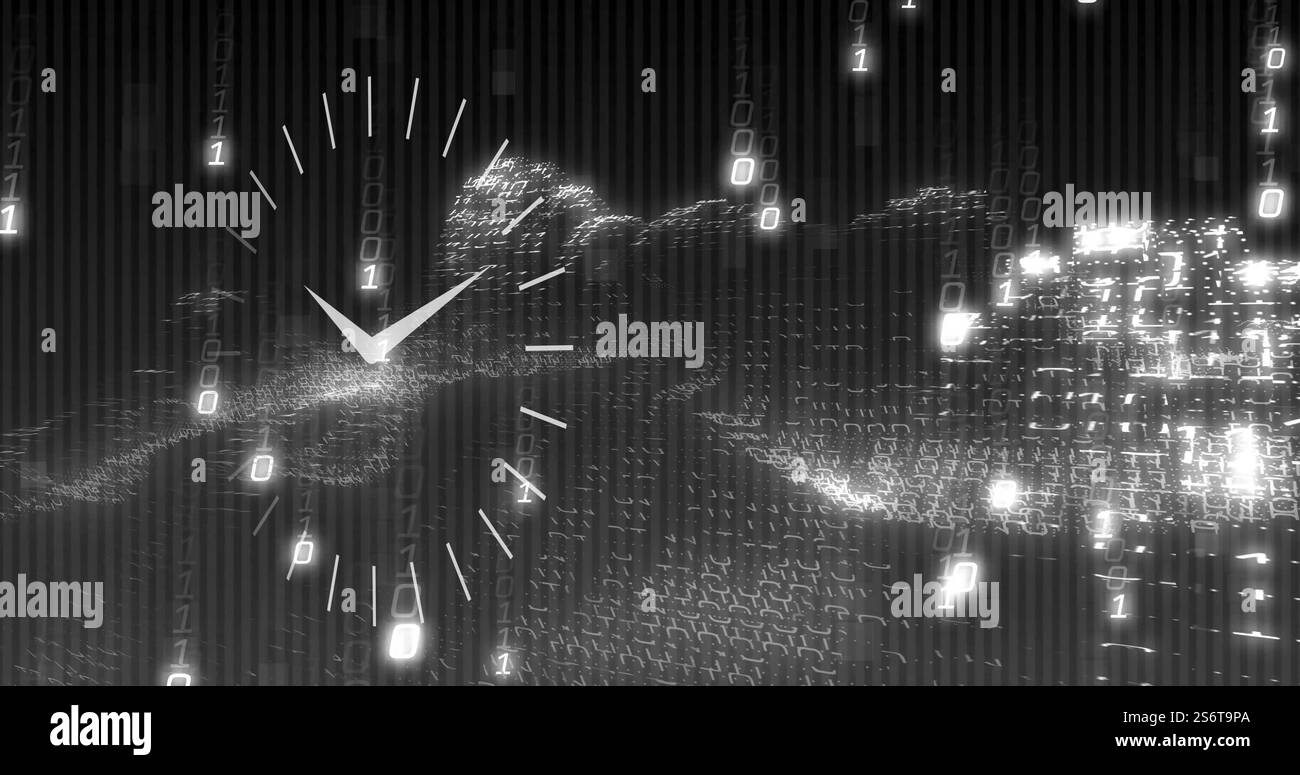 Image of moving clock over network of connections on black background ...