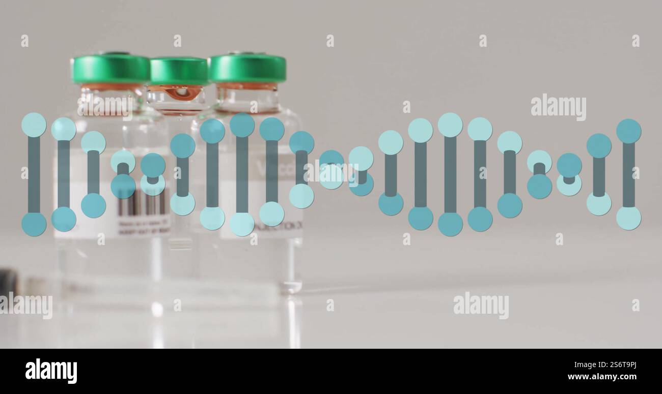 Image of dna strand over vials and syringe on white background Stock ...