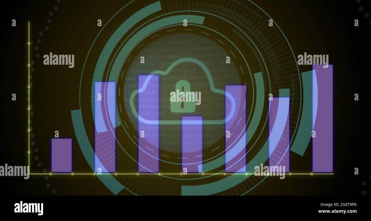 Image of digital data processing over cloud and padlock icon on black background Stock Photo - Alamy