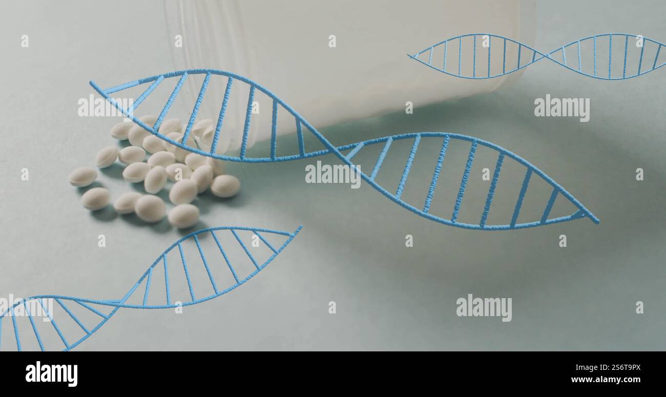 Image of dna strand over box with pills on white background Stock Photo ...