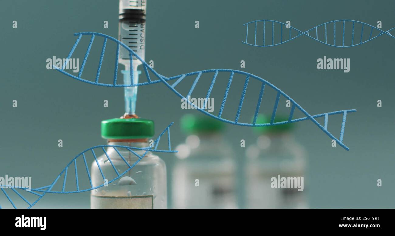 Image of dna strands over vials and syringe on blue background Stock ...