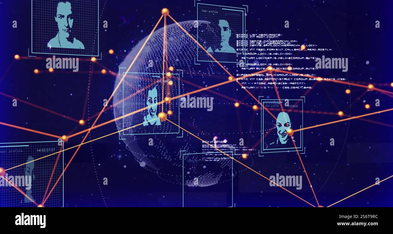 Image of connections and data processing with portraits over globe on ...