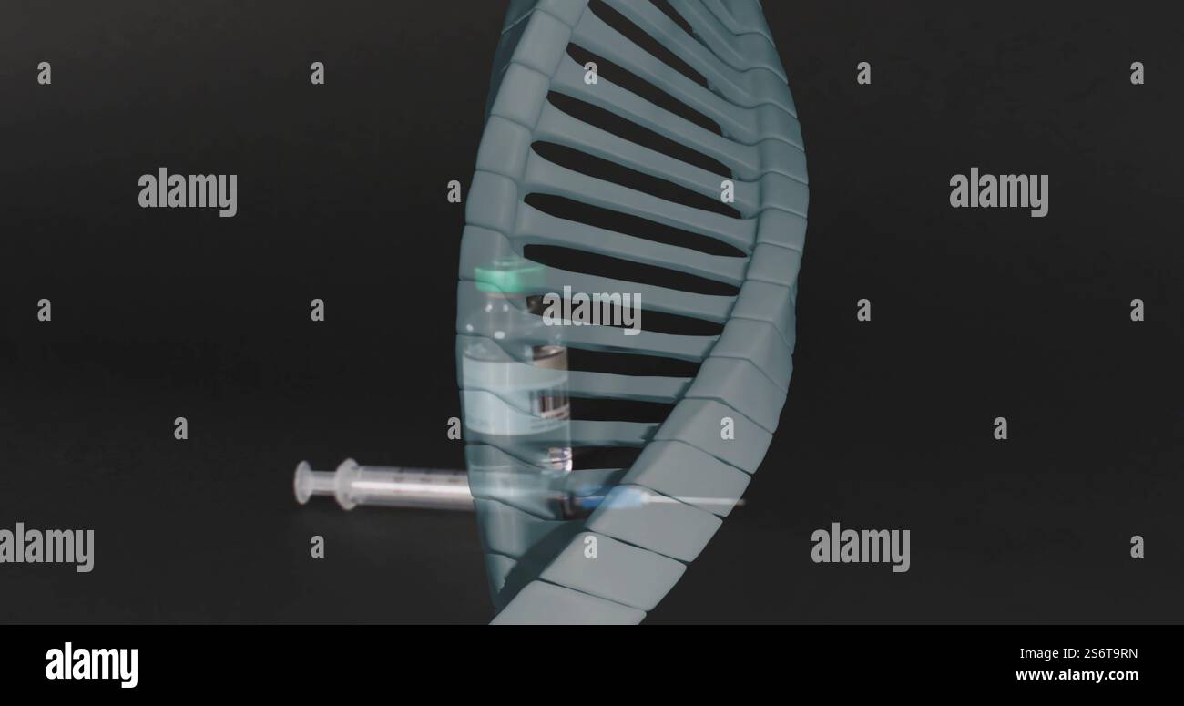 Image of dna strand over vial and syringe on black background Stock ...