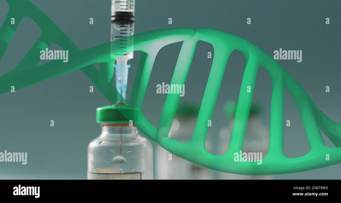 Image of dna strand over vials and syringe on white background Stock ...