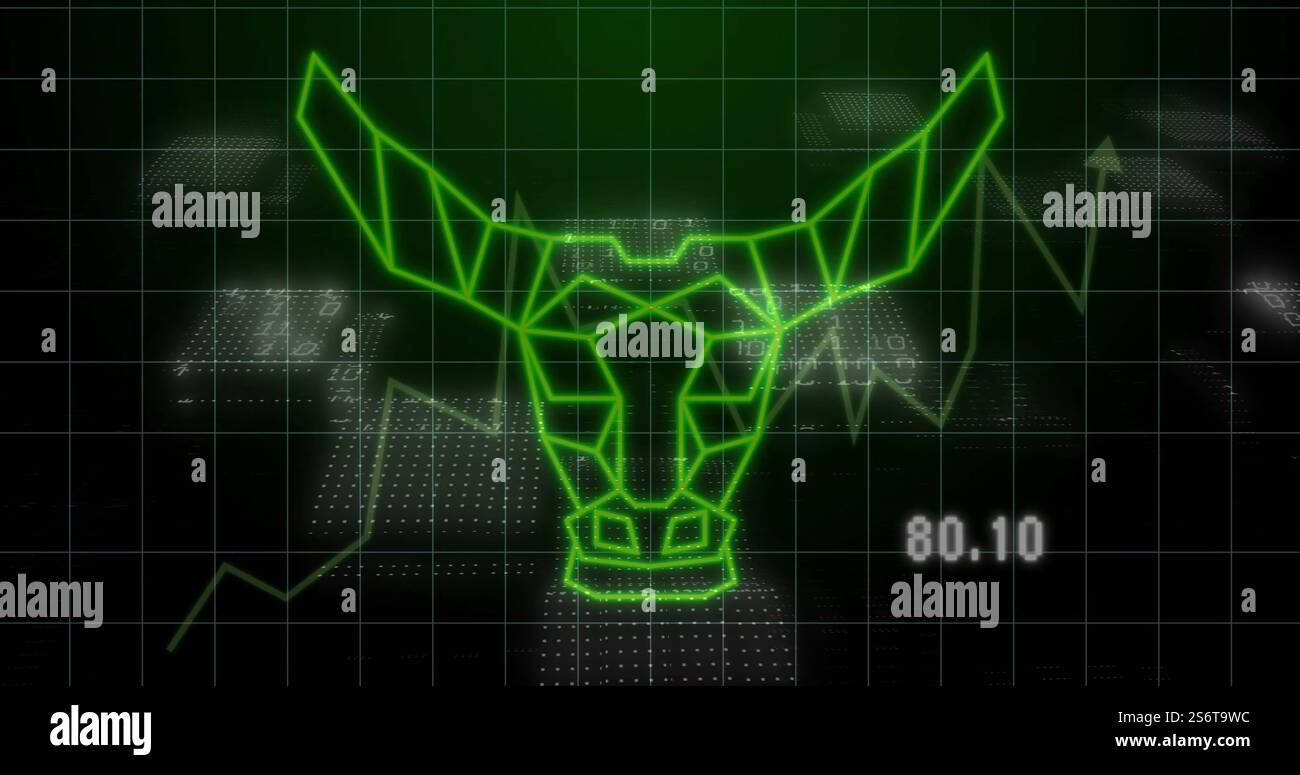 Image of financial data processing over bull icon on black background ...
