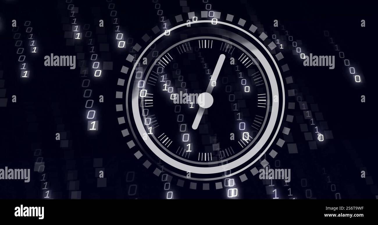 Image of moving clock over data processing on black background Stock ...