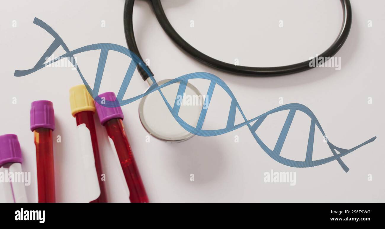 Image of dna strand over vials and stethoscope on white background ...