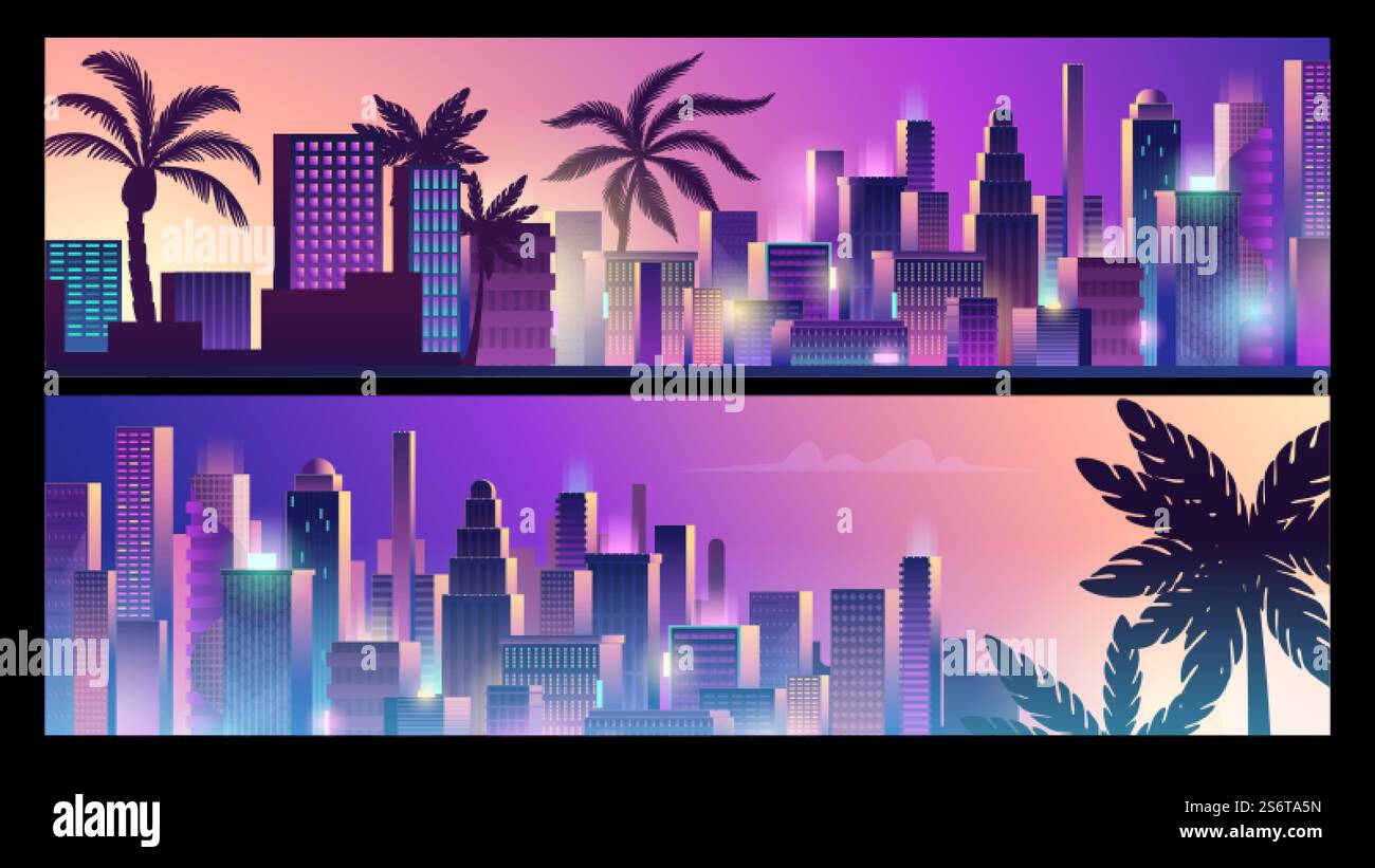 Neon city banners. Cyberpunk style background, downtown and palms ...