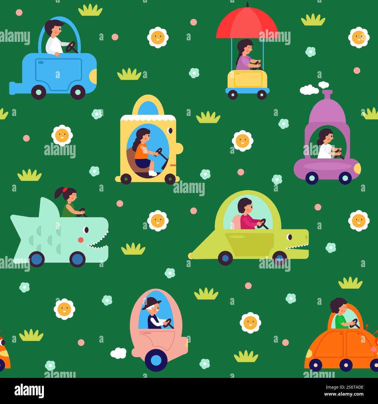 Kids transport pattern. Transportation, cartoon people driving toys ...