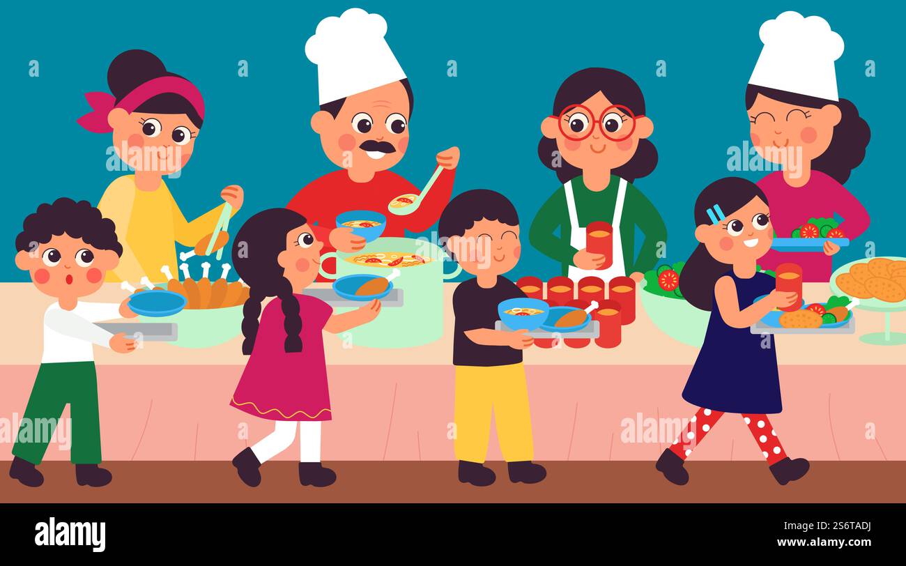 Kids buffet concept. School canteen, chefs giving food for children. Students on lunch, people ...