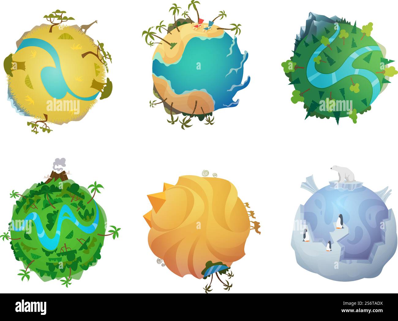 Cartoon planet. Earth visualization of climatic zones cold and hot ice ...