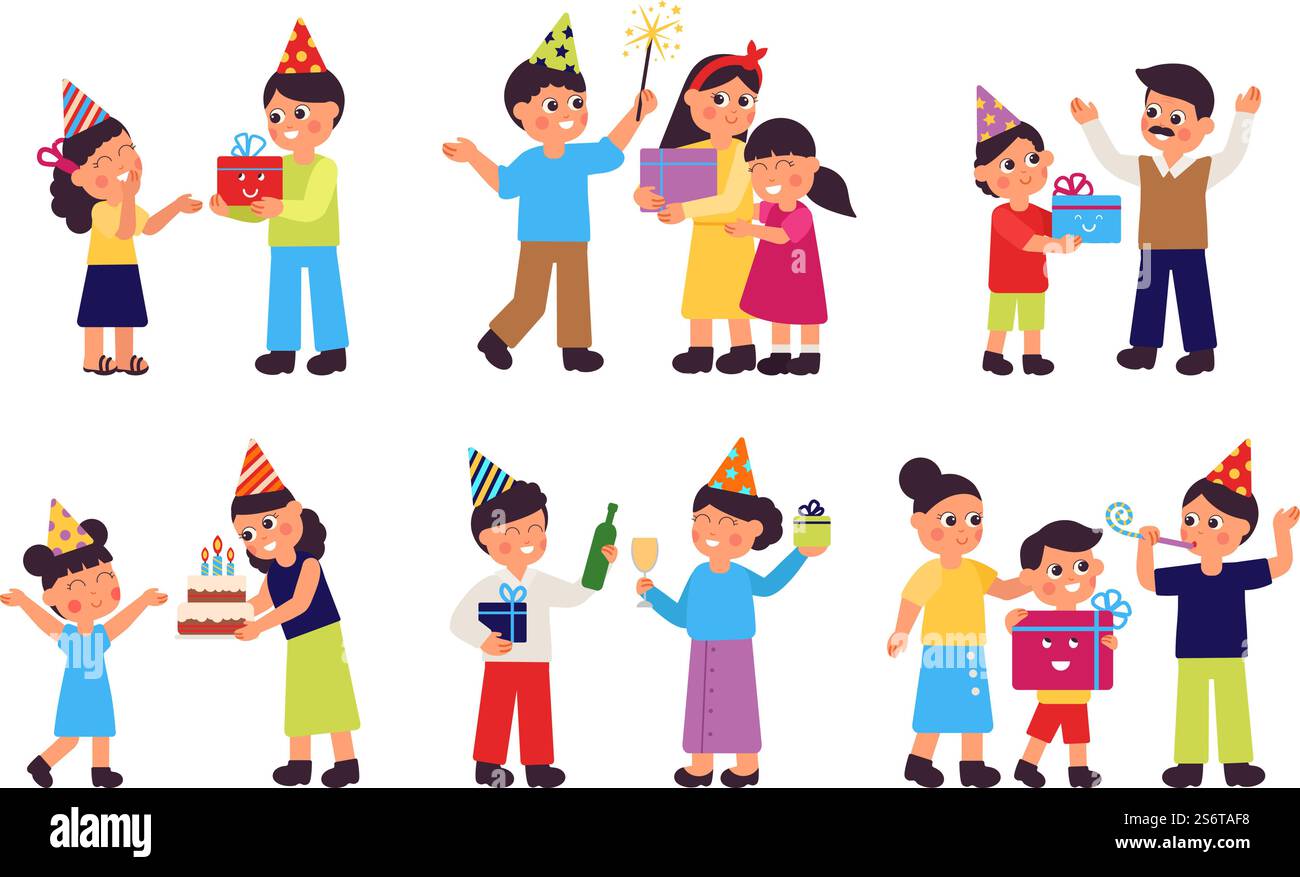 Family birthday party. Parents and children, people with gifts and ...