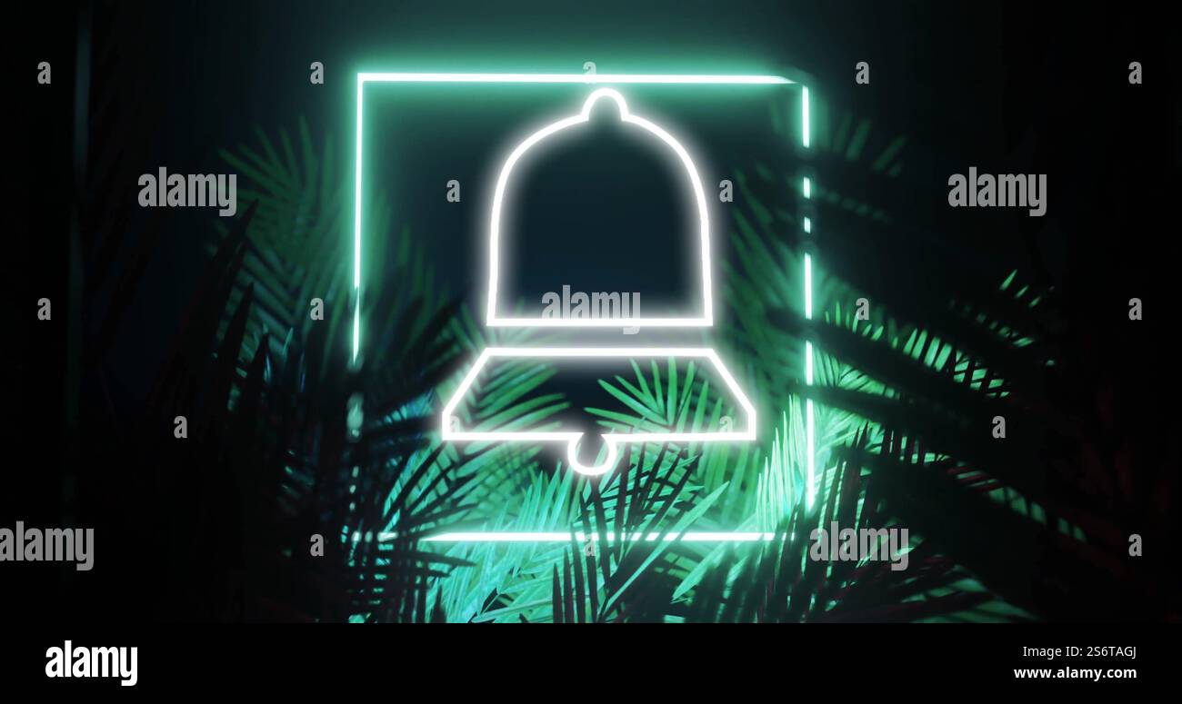 Image of neon bell icon over leaves on black background Stock Photo - Alamy