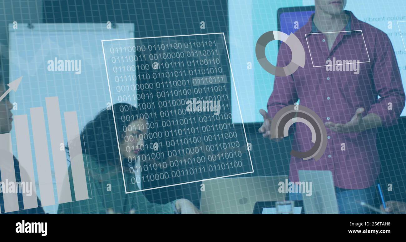 Binary code and data visualization image over business people in office ...