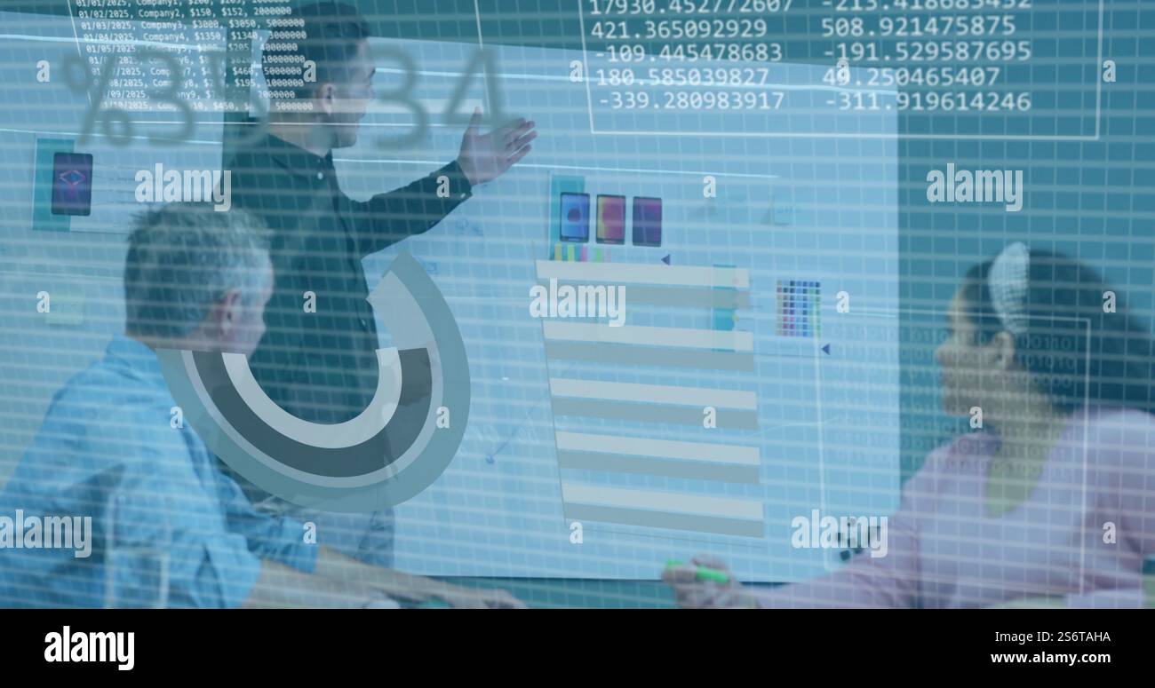 Presenting data and graphs, business team in meeting with digital image ...