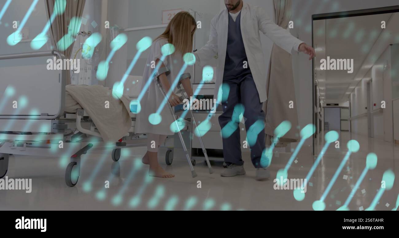 DNA strand image over doctor assisting patient in hospital room Stock ...