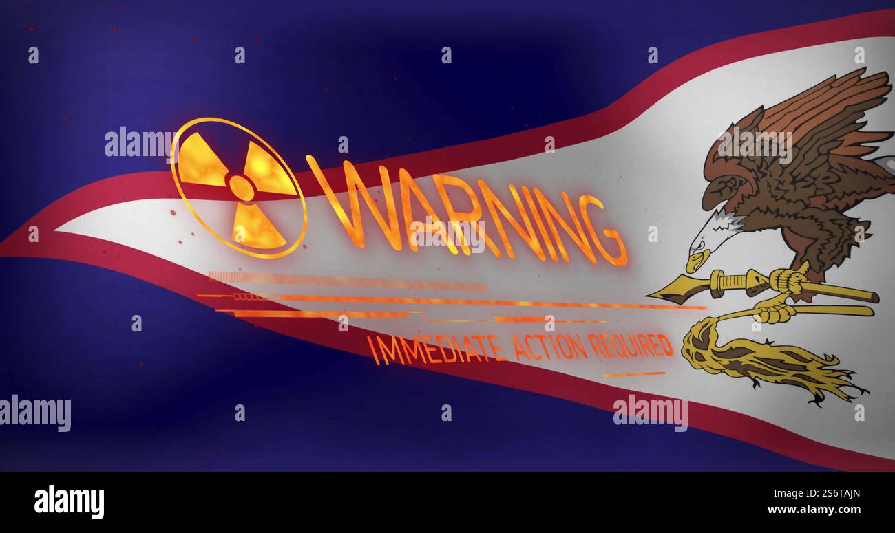 Warning sign image over flag with eagle and spear Stock Photo - Alamy