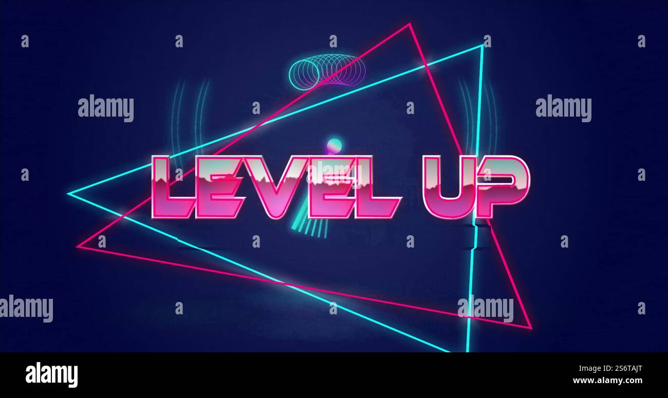 Level up text over neon geometric shapes on dark blue background Stock ...