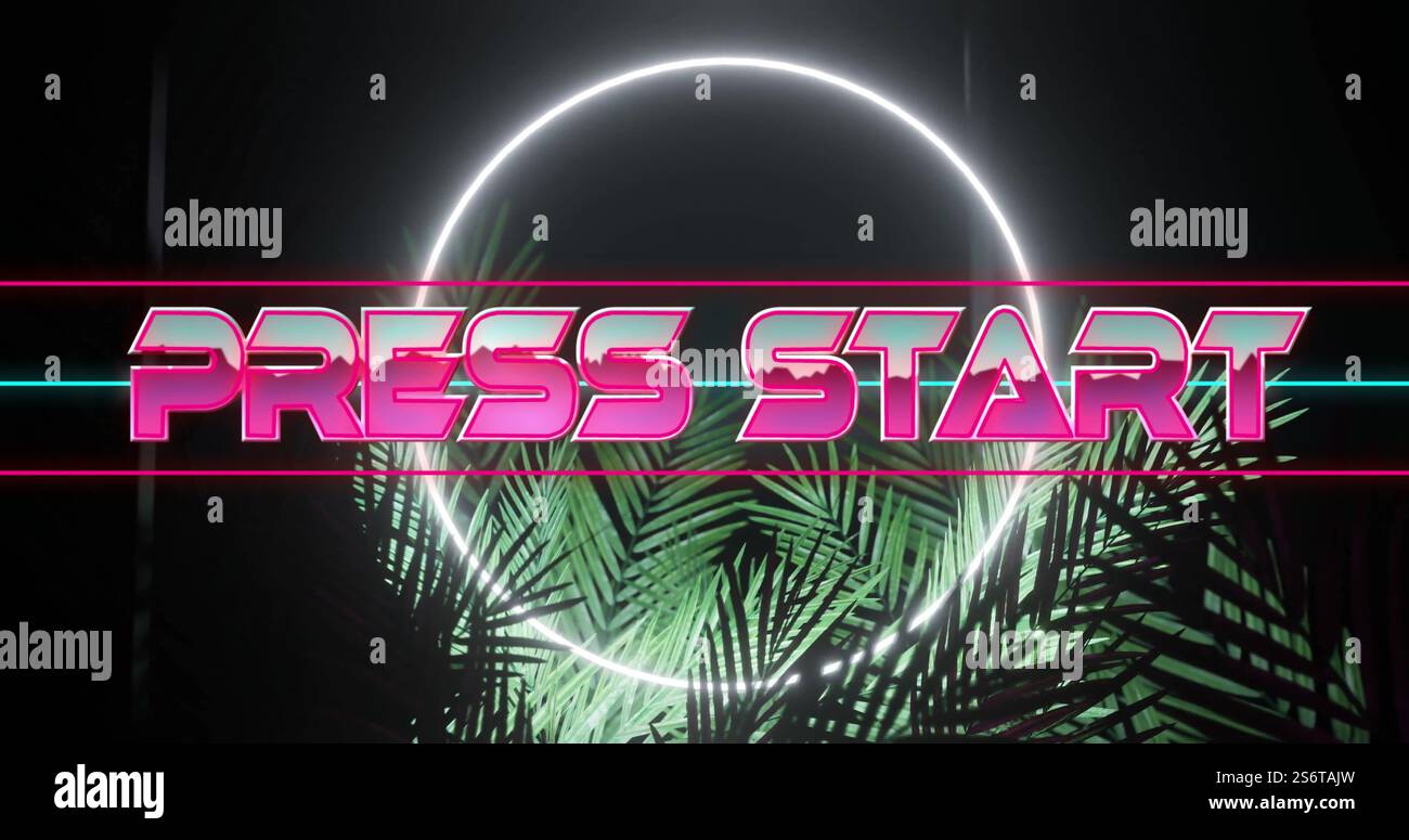 Press Start text image over neon circle and palm leaves background ...