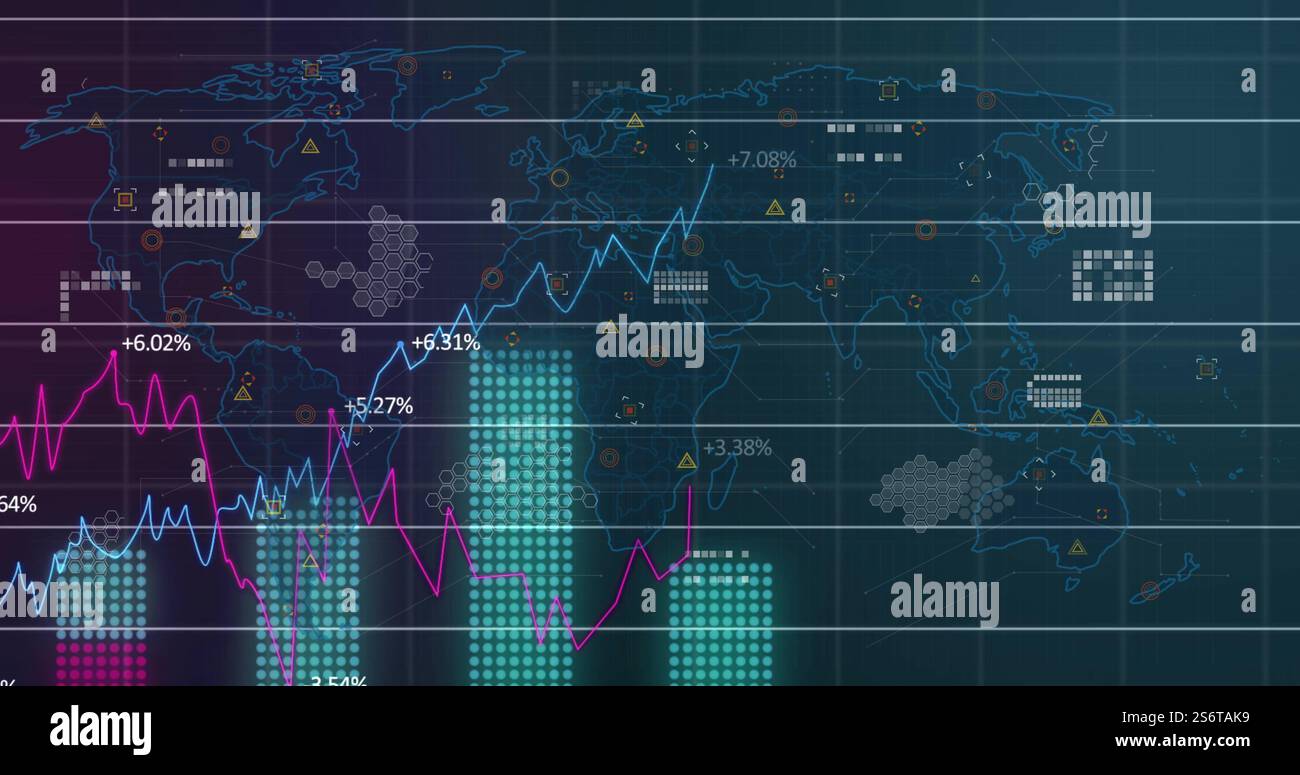 Financial data and global statistics image over world map background ...