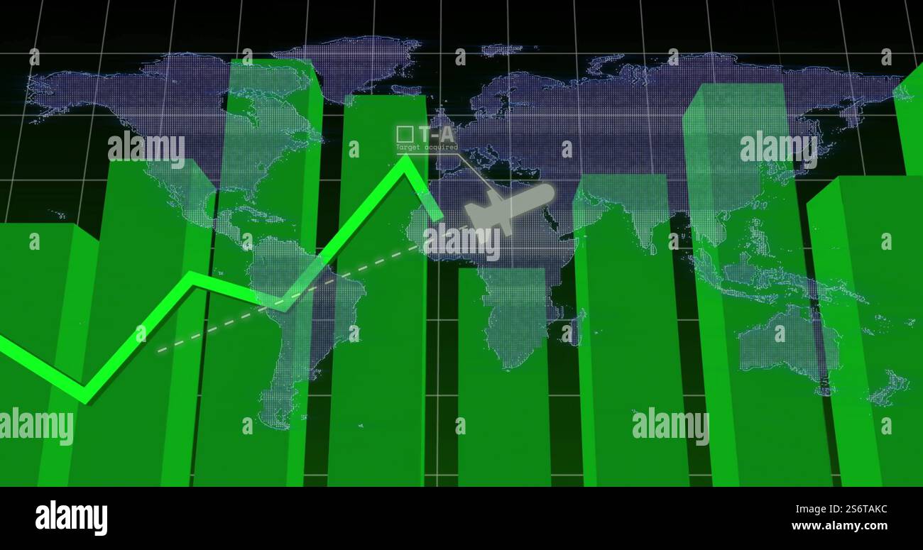 Green bar and line graph image over world map with grid background ...