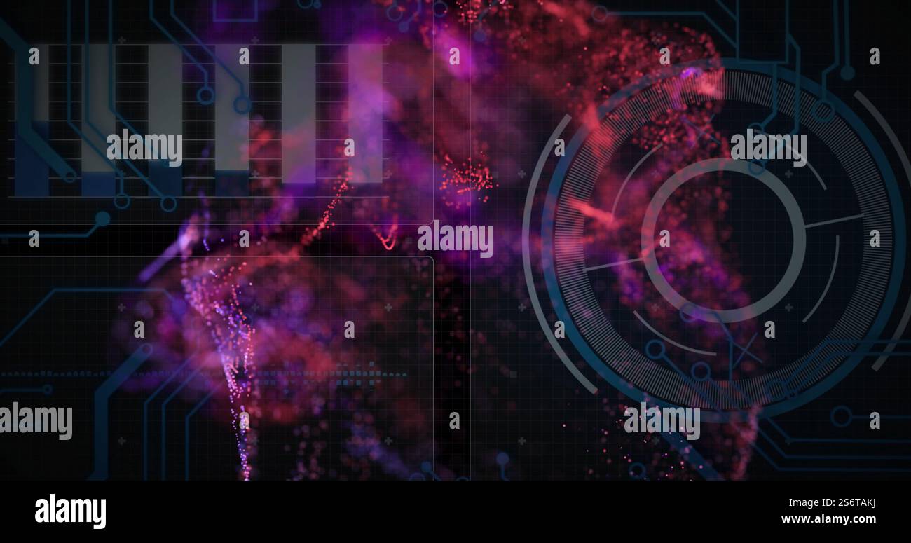 Digital particles forming abstract shapes over futuristic interface ...
