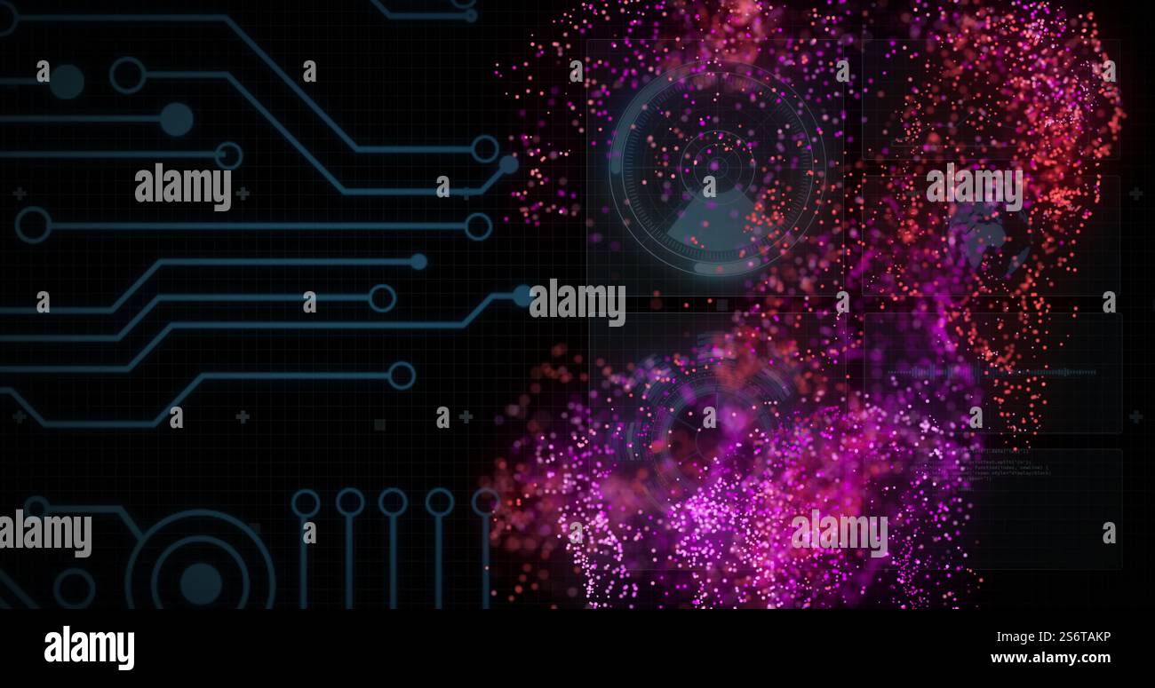 Digital Circuit And Data Visualization Image Over Colorful Particle