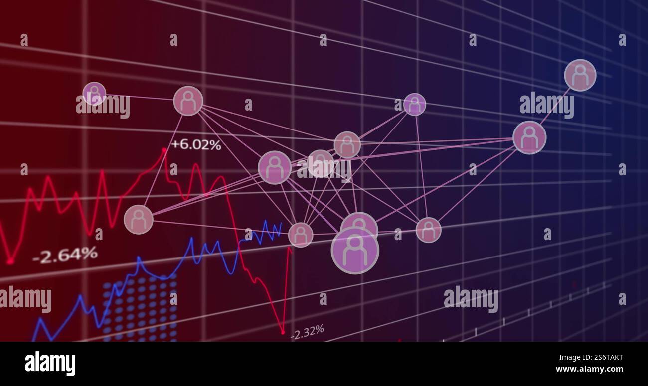 Network of connections and financial data image over graph with red and ...
