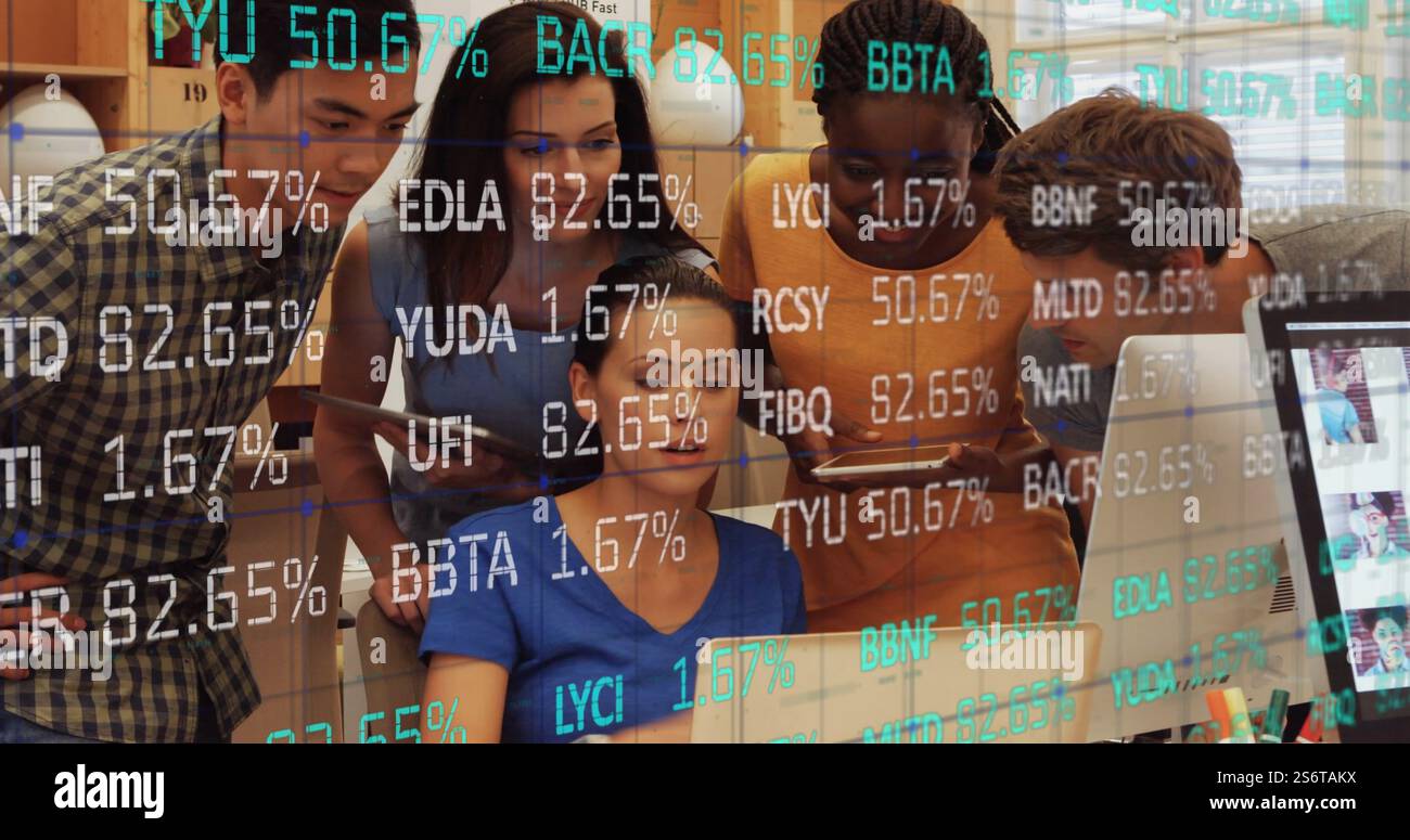 Stock market data image over diverse group of people collaborating in ...