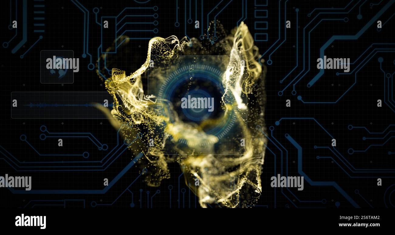 Digital circuit board background with swirling golden particles and ...
