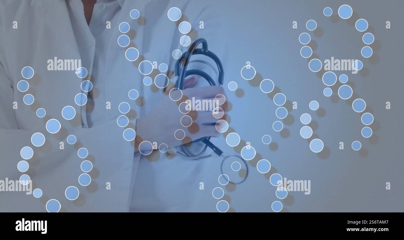 Holding stethoscope, medical professional with DNA strand image over ...