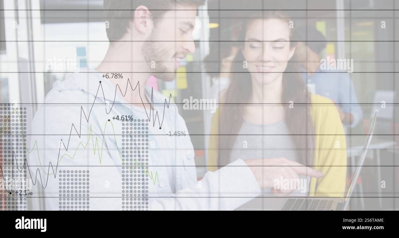 Business data chart image over colleagues discussing work on laptop ...