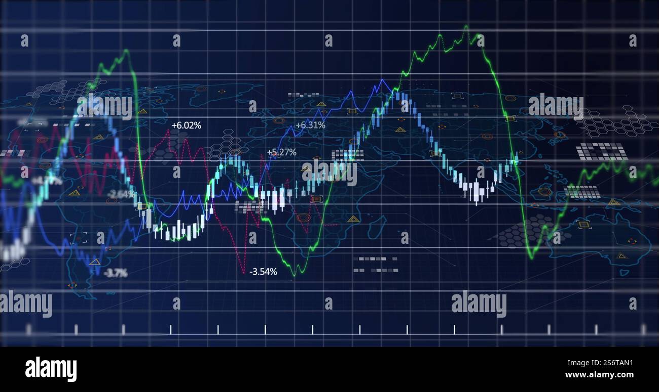 Financial data and stock market trends image over world map Stock Photo ...