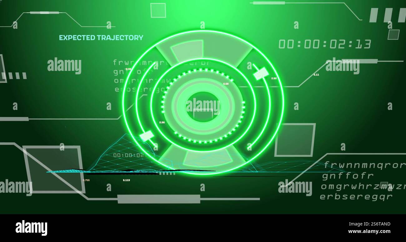Radar and data analysis image over green background with mountains and ...