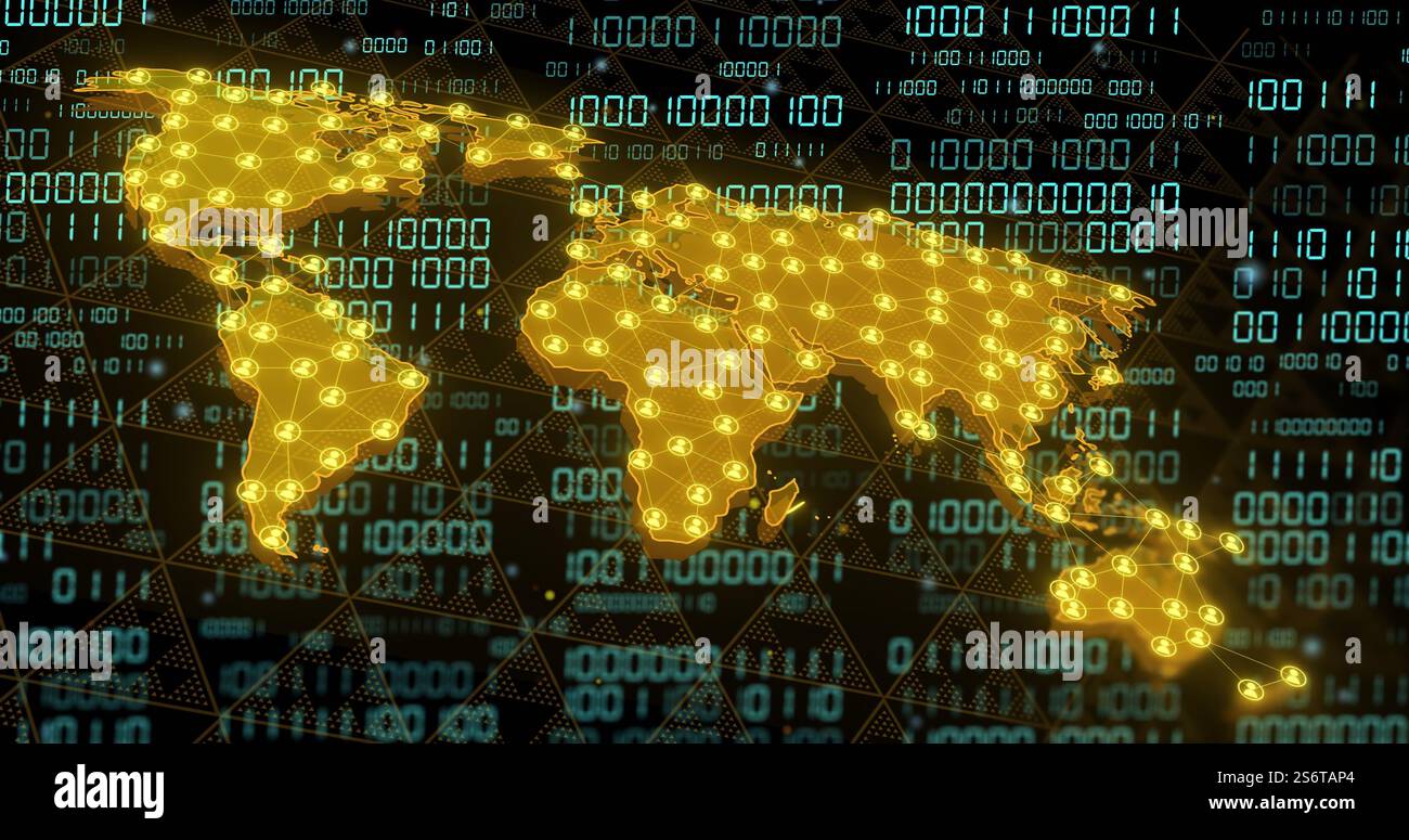World map with network connections over binary code image Stock Photo - Alamy