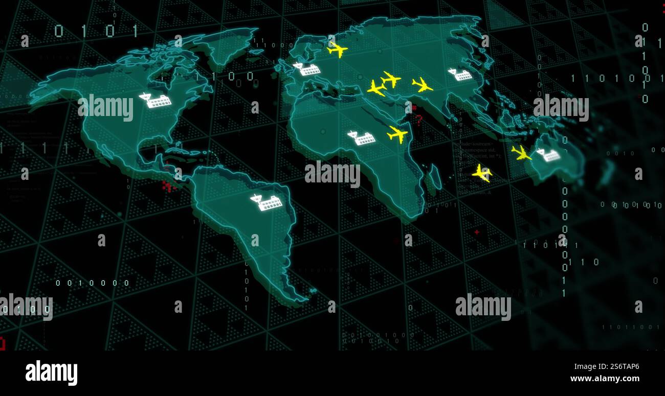 Airplanes and cargo ships over world map, global transportation image ...