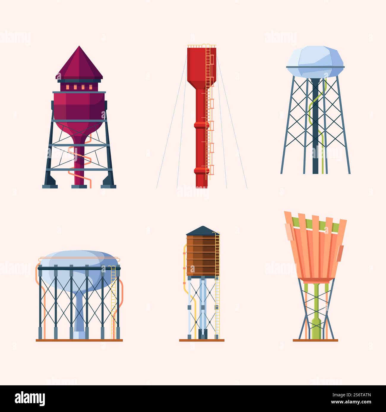 Water towers. Reserve of water for town big steel or wooden tank high ...