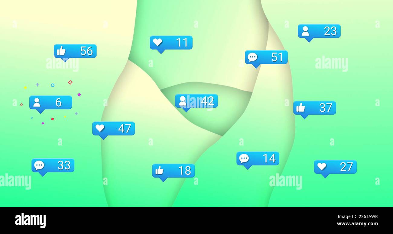 Social media notifications image over green abstract background Stock ...